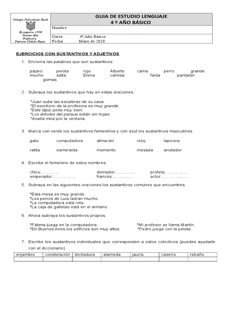 Ejercicios Con Sustantivos y Adjetivos | Sustantivo | Adjetivo
