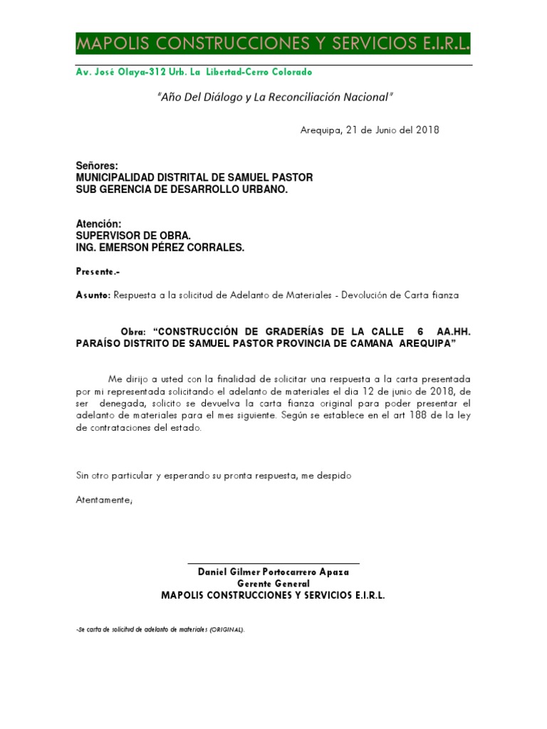 Carta de Devolucion de Carta Fianza | PDF