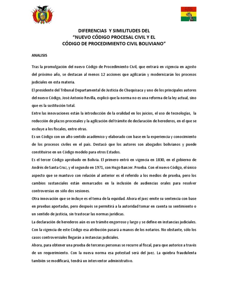 Diferencias Cod. Civil. Analisis Procedimiento Civil | PDF ...