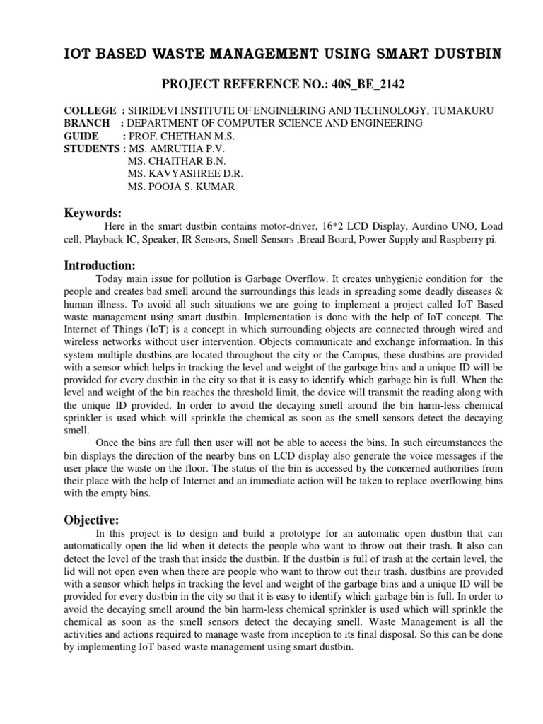 Iot Based Waste Management Using Smart Dustbin: Project Reference No ...