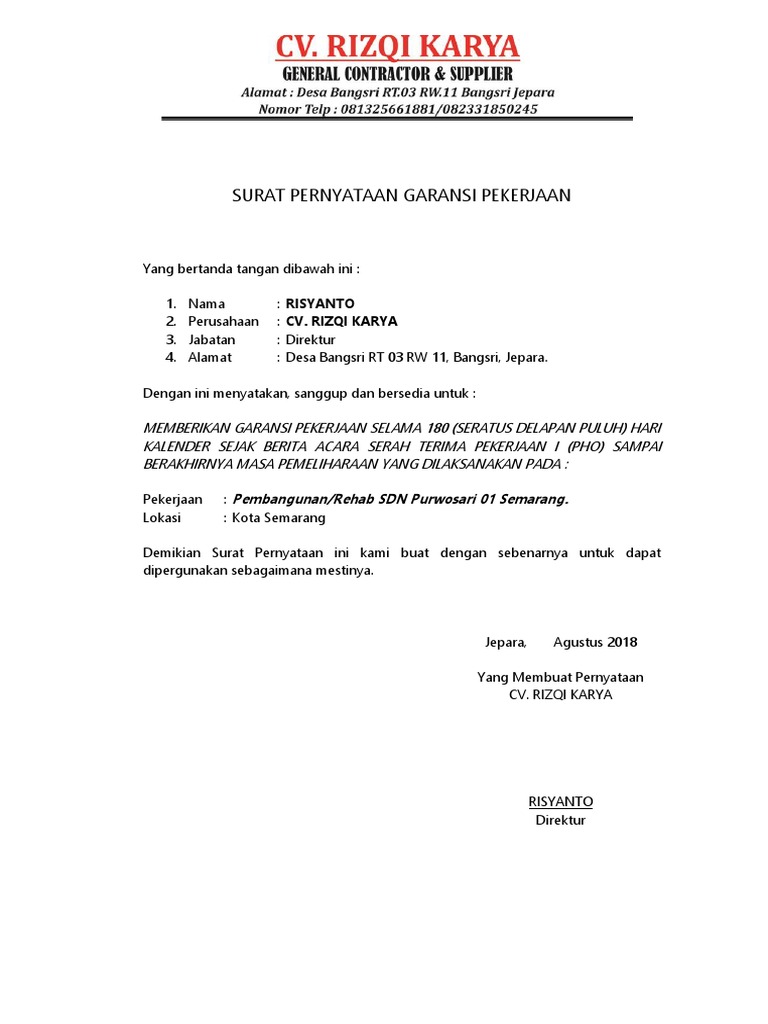 Surat Pernyataan Garansi Pekerjaan | PDF