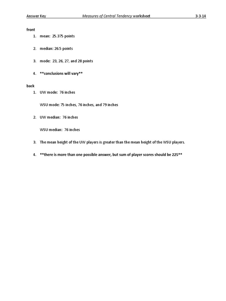 Front: Measures of Central Tendency Worksheet | PDF