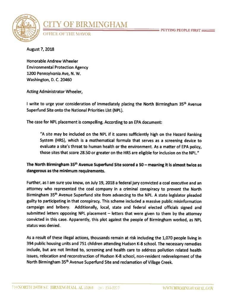 Birmingham Mayor Randall Woodfin's Letter To EPA | PDF
