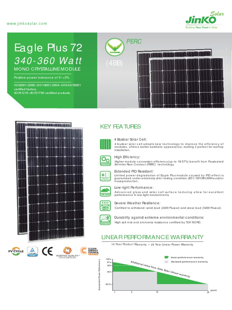 Jinko-Solar Eagle-Plus 340P-360P 72cells 34700 | PDF | Solar Cell ...