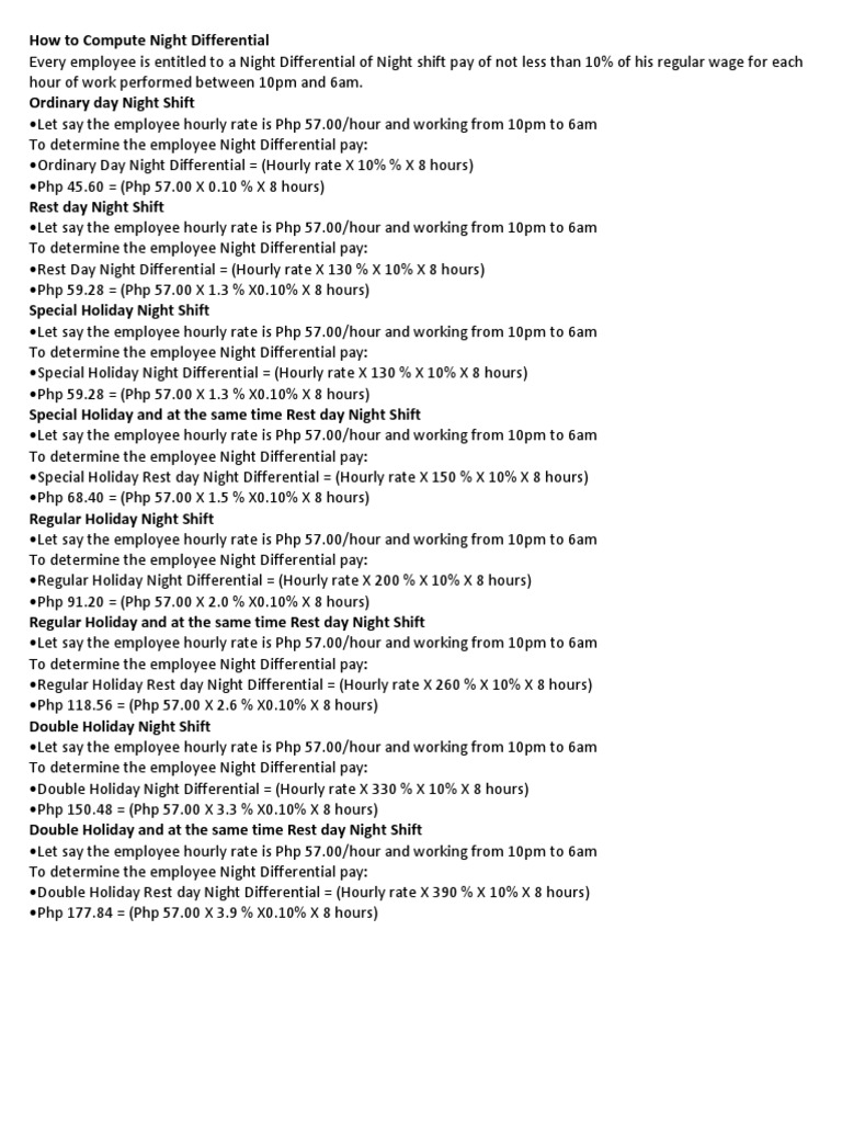 How To Compute Night Differential | PDF | Overtime | Protectionism