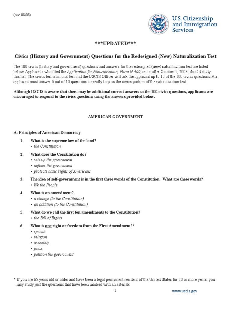 UPDATED Civics (History and Government) Questions For The Redesigned ...