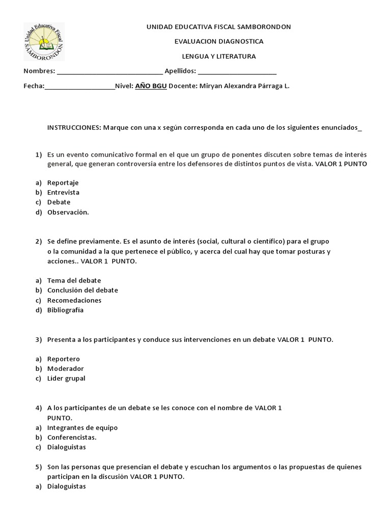 Evaluacion Diagnostica de Segundo de Bgu | PDF | Comunicación | Cognición