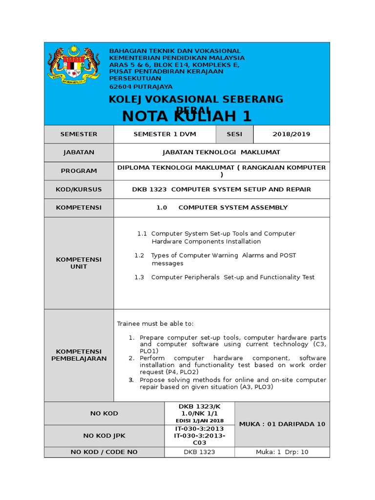 Nota Kuliah 1 - Introduction To Computer System Setup and Repair | PDF
