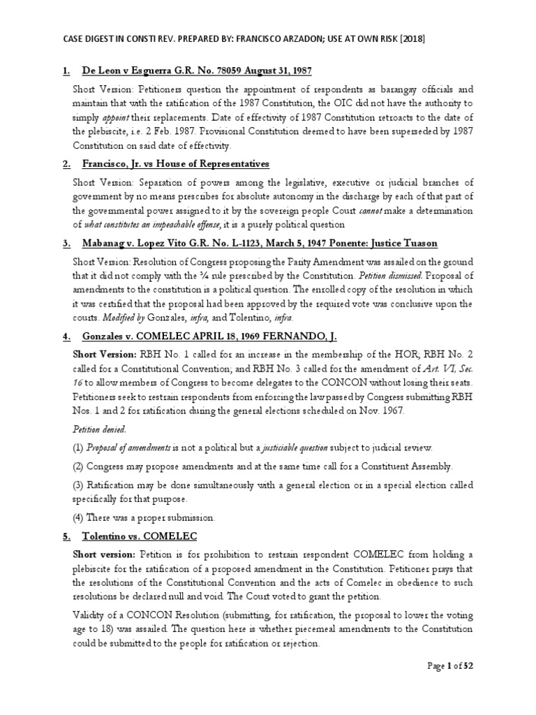 Case Digest in Consti Rev. Prepared by Francisco Arzadon Use at Own Risk (2018) | PDF ...