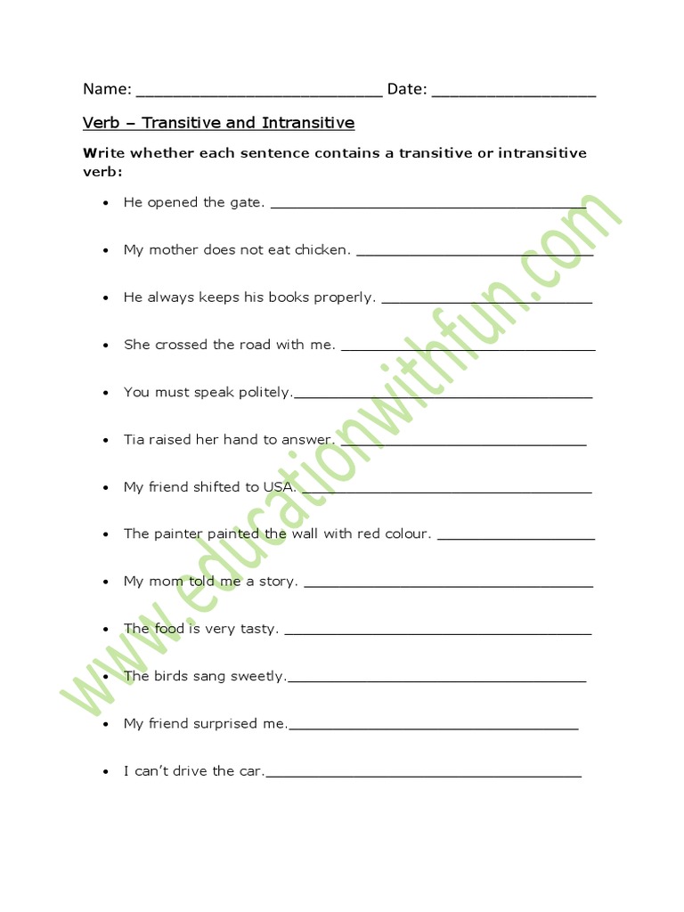 English - Grade 5 - Transitive and Intransitive Verb Worksheet 4 | PDF