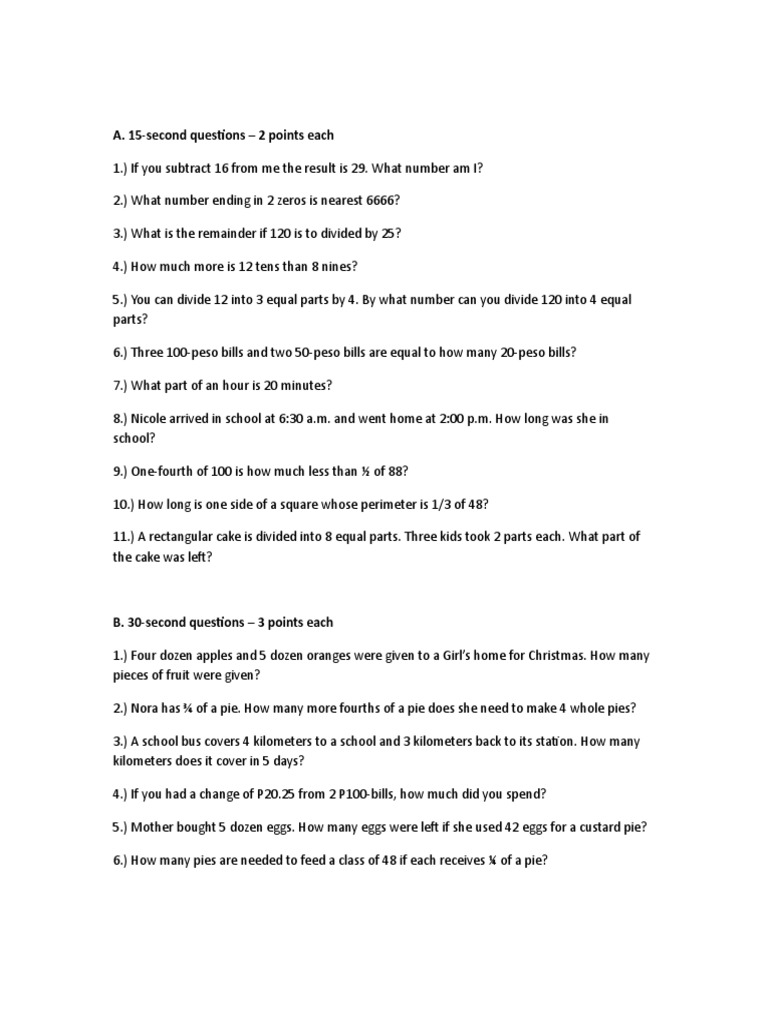 A. 15-Second Questions - 2 Points Each | PDF | Teaching Mathematics