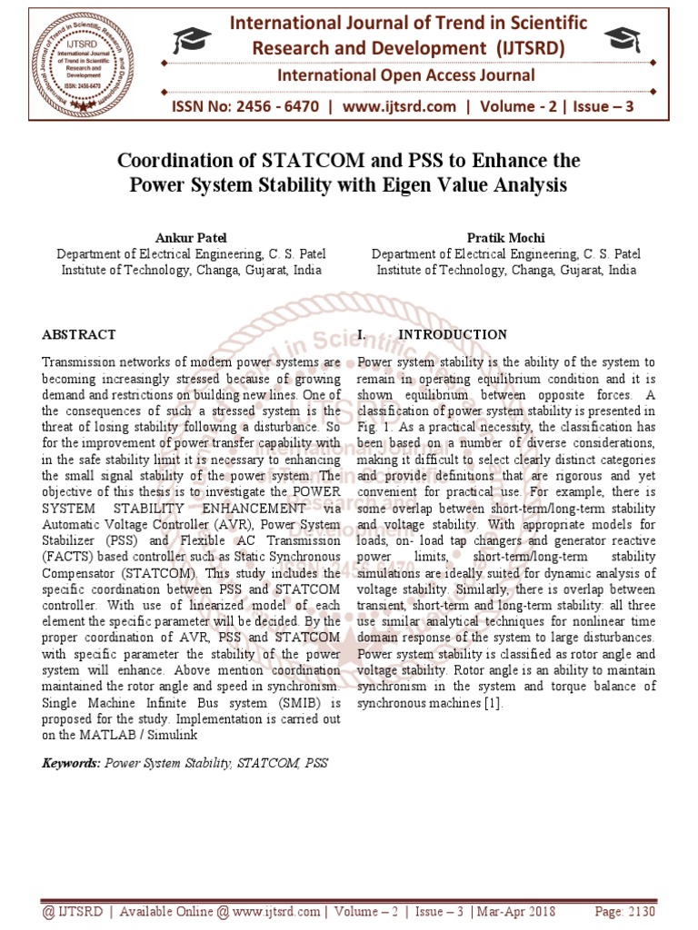 Coordination of STATCOM and PSS To Enhance The Power System Stability With Eigen Value Analysis ...