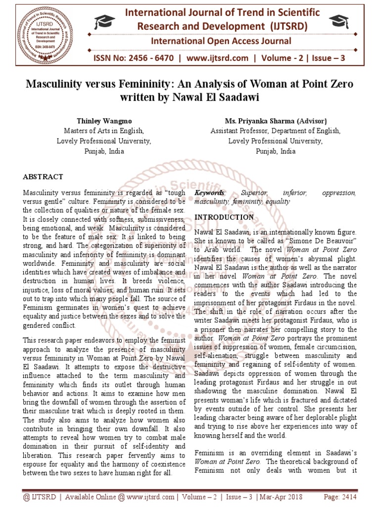 Masculinity Versus Femininity: An Analysis of Woman at Point Zero ...