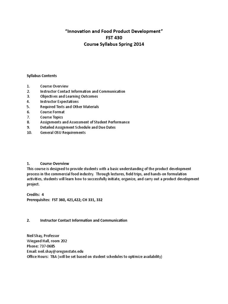 FST 430 Innovation and Food Product Development Syllabus Spring 2014 10 ...