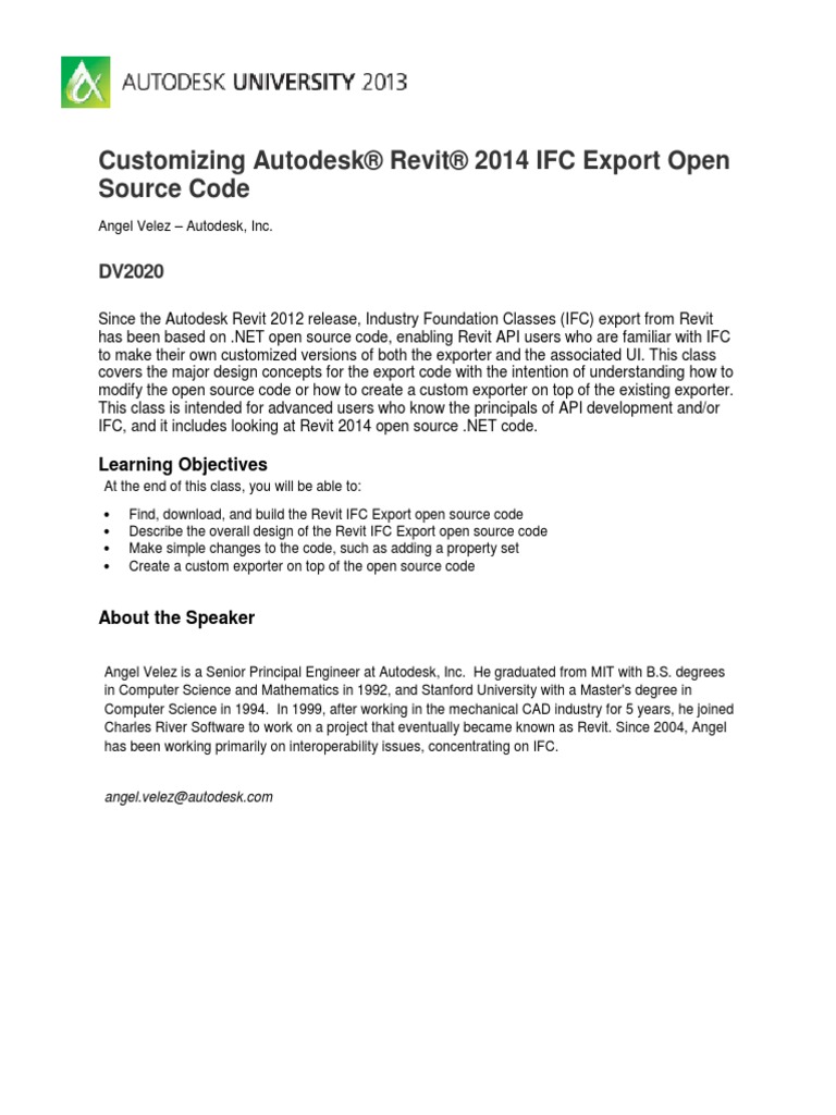 Customizing Autodesk Revit 2014 Ifc Export Open Source Code Pdf Autodesk Revit Application