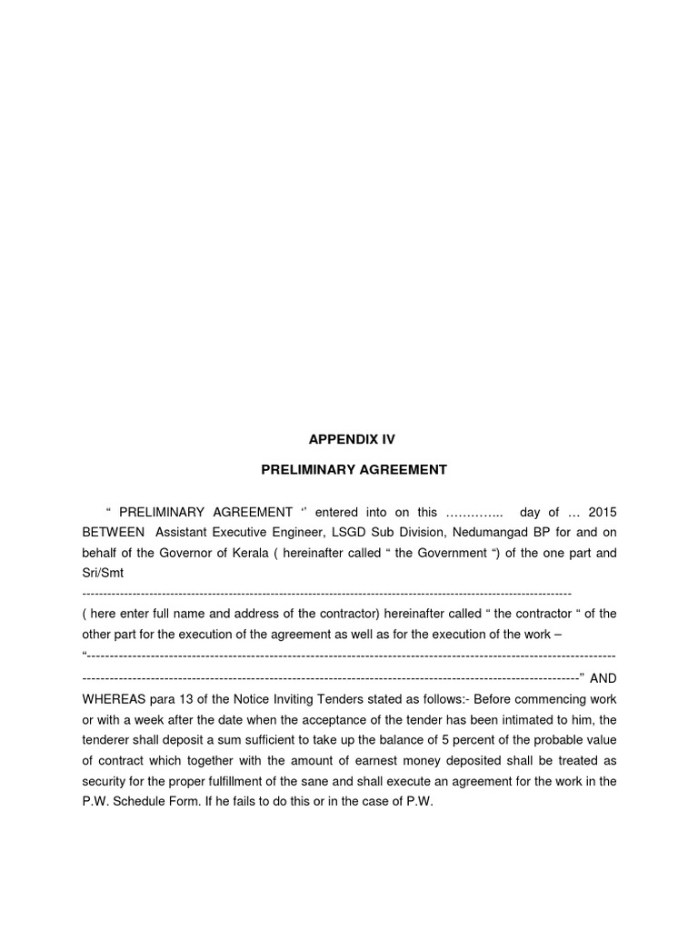 Appendix Iv Preliminary Agreement | PDF | Contractual Term | Breach Of ...