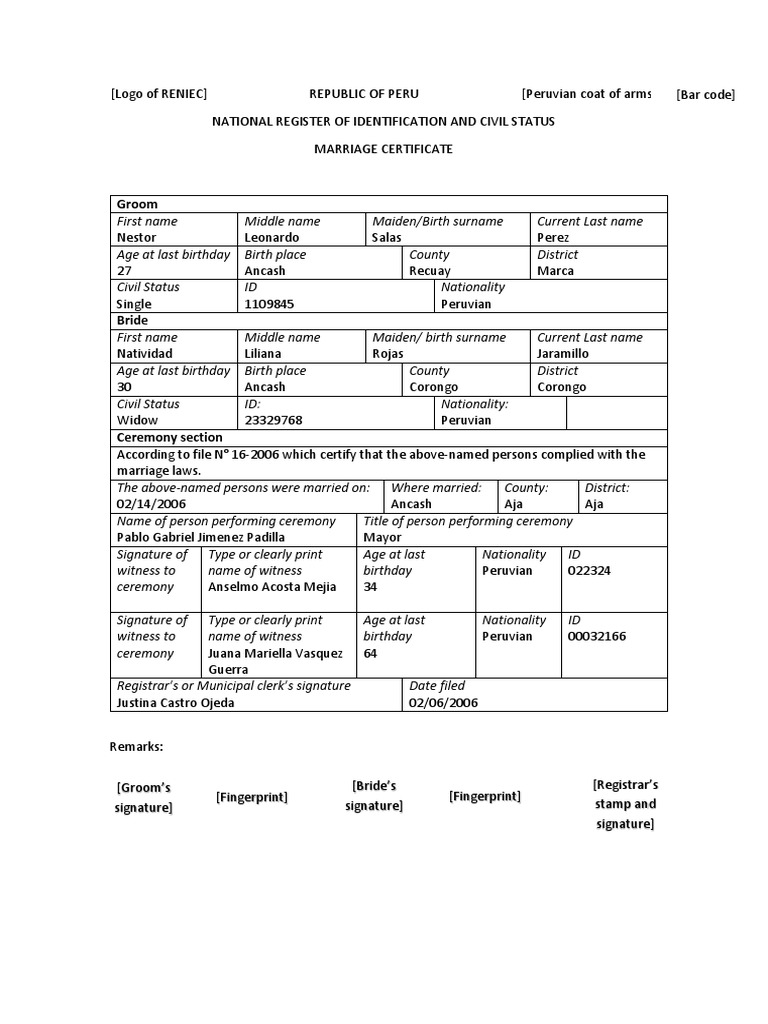 PERUVIAN MARRIAGE CERTIFICATE | Official Documents | Social Institutions