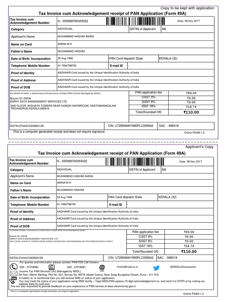 PAN Application Acknowledgement Receipt | PDF | Identity Document ...