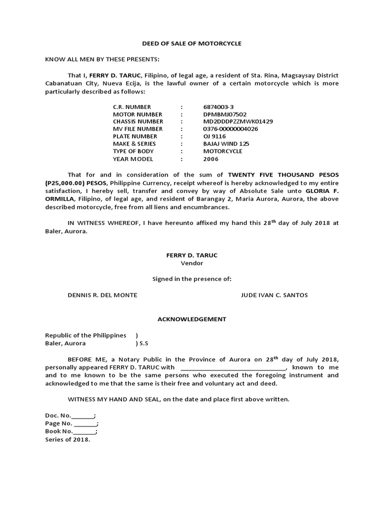 Deed of Sale of Motorcycle | PDF | Civil Law (Common Law) | Philippines