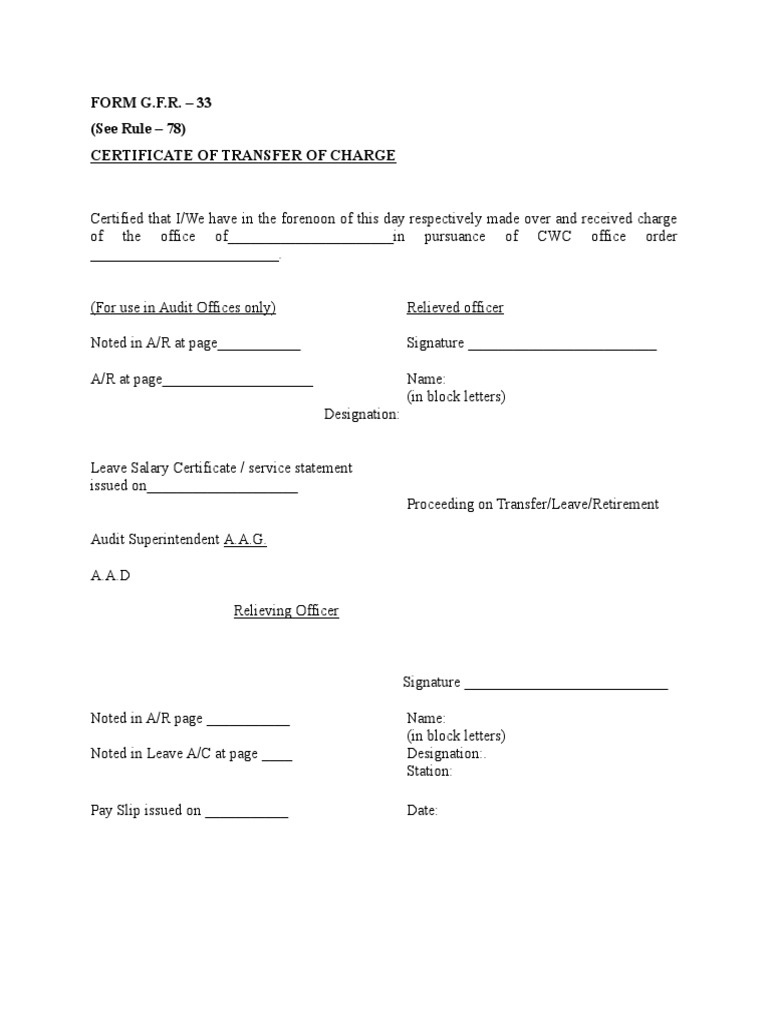 FORM G.F.R. - 33 (See Rule - 78) Certificate of Transfer of Charge ...