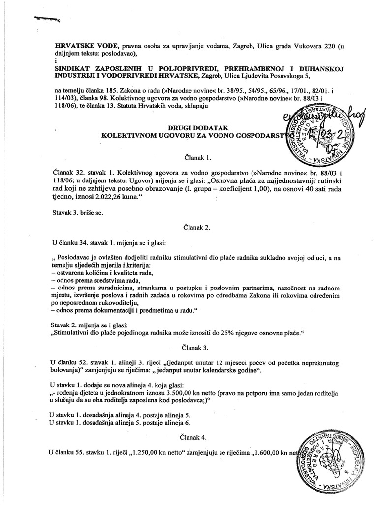 Kolektivni Ugovor Za Vodno Gospodarstvo I Prvi I Drugi Dodatak Kolektivnom Ugovoru Za Vodno ...