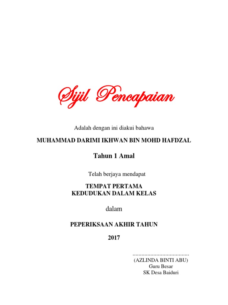 Contoh Sijil Pencapaian Kedudukan Dalam Kelas - JordinewaSummers