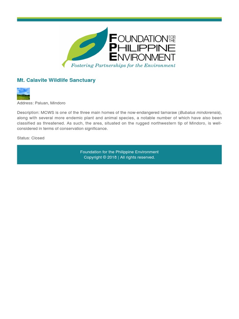 FPE-supported Priority Conservation Sites - Mt. Calavite Wildlife ...