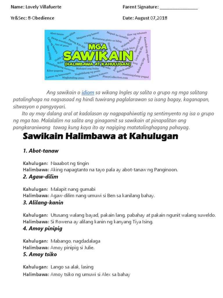 Sawikain Halimbawa at Kahulugan: Idiom | PDF