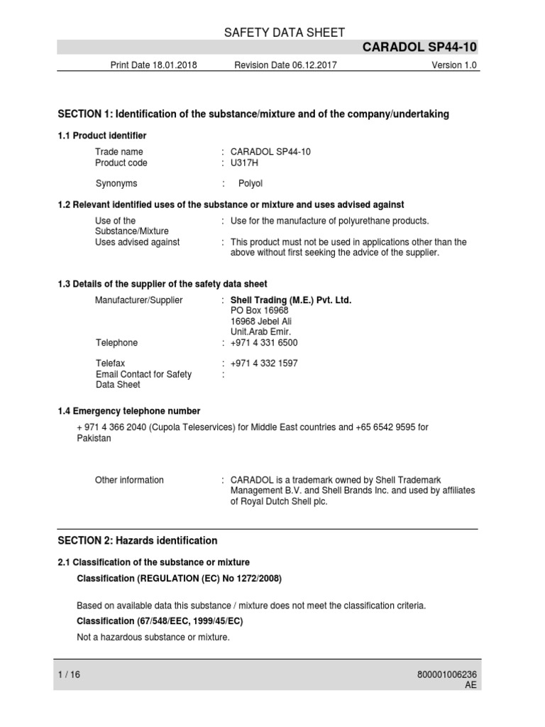 Safety Data Sheet for Caradol SP44-10 Polyol: Hazard Information and ...