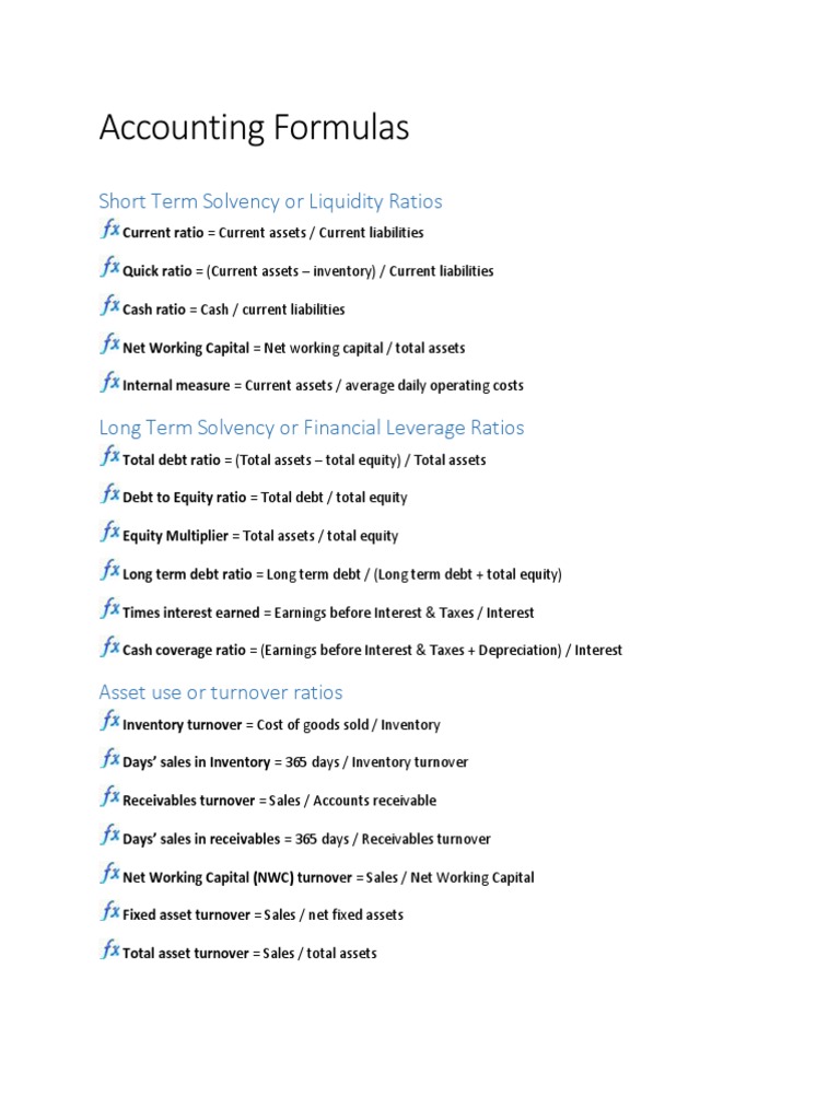 Accounting Formulas: Short Term Solvency or Liquidity Ratios | PDF ...
