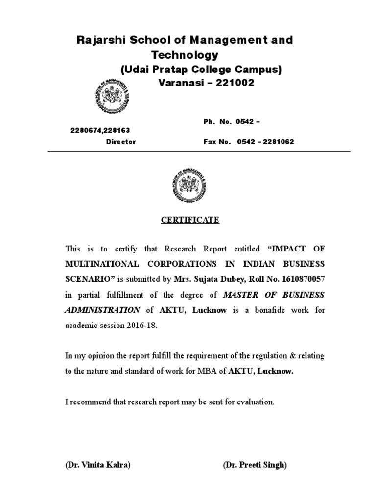 Certificate (1) Research Report (2) ..... NW | PDF | Business