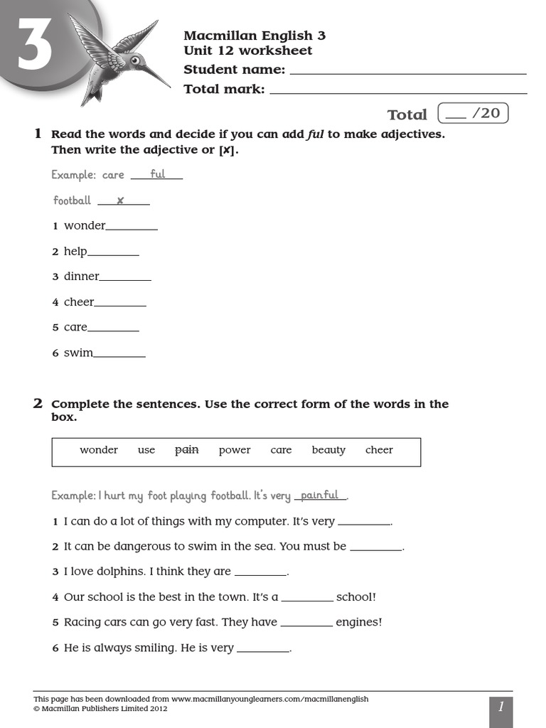 Total: Macmillan English 3 Unit 12 Worksheet Student Name: Total Mark ...