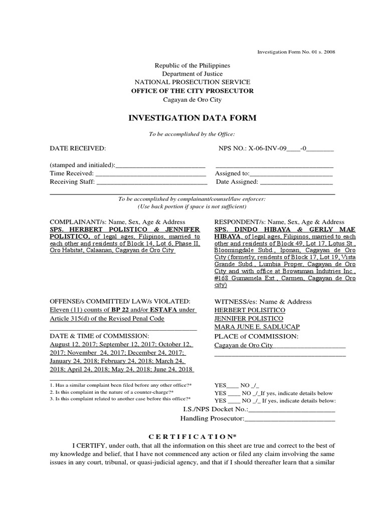Investigation Data Form | PDF | Complaint | Government Information