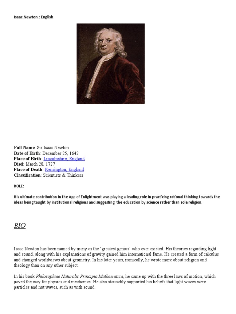 Isaac Newton: English: Lincolnshire, England Kensington, England | PDF ...