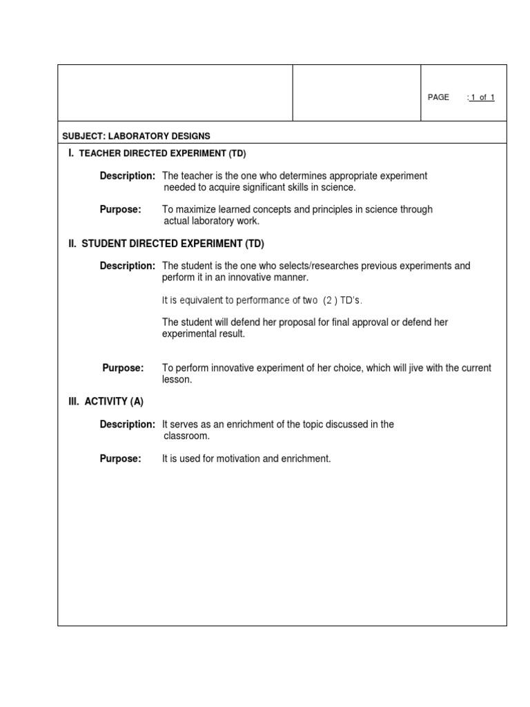 Subject: Laboratory Designs Teacher Directed Experiment (TD) | PDF ...