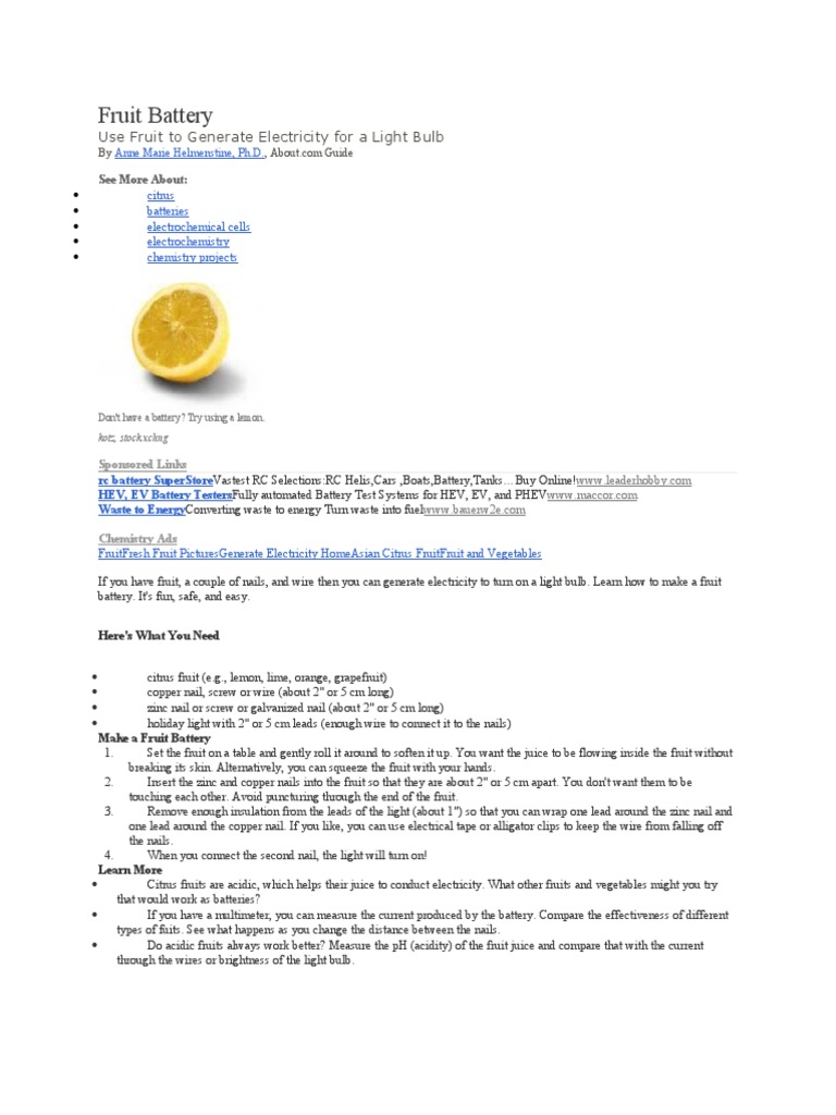Fruit Battery: Use Fruit To Generate Electricity For A Light Bulb | PDF ...