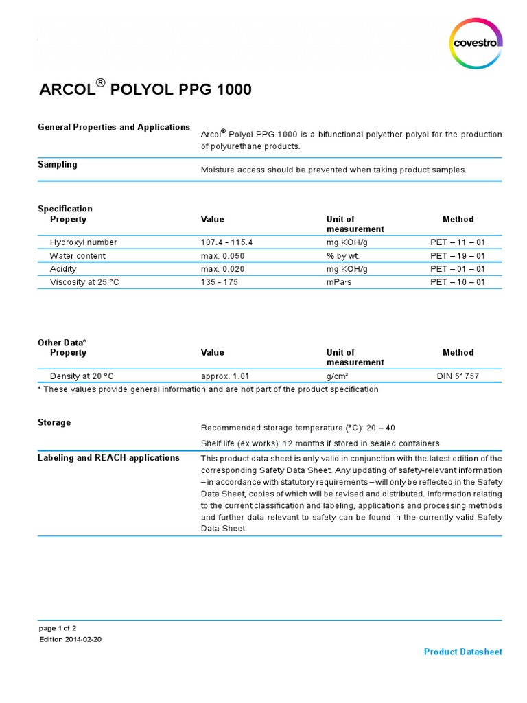 Arcol Polyol PPG 1000 | PDF | Medical Device | Business