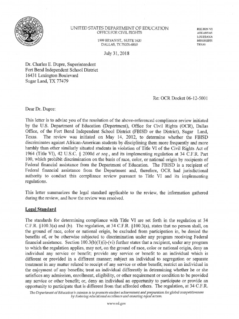 Fort Bend ISD Office of Civil Rights Resolution Letter Sent 7.31.18 ...