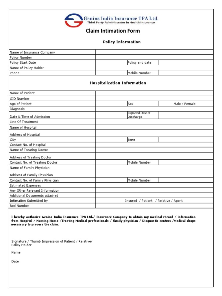 Claim Intimation Form1307 | PDF