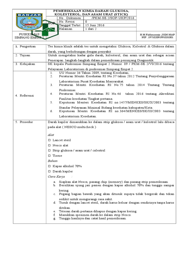 SOP Pemeriksaan Kimia Darah (AU, COL, GDS Stick) | PDF