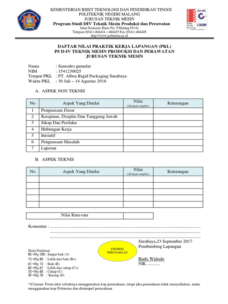 Form Penilaian PKL | PDF