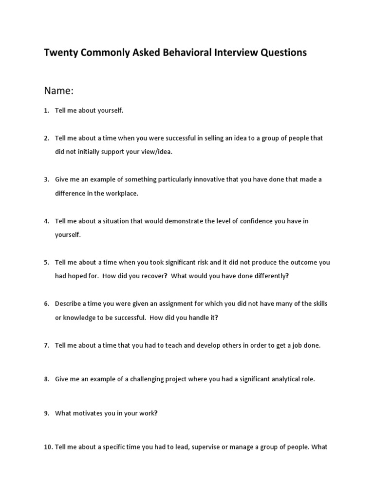 Name:: Twenty Commonly Asked Behavioral Interview Questions | PDF ...