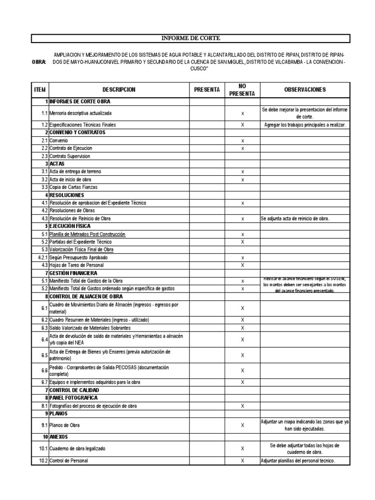 Informe para Corte de Obra | PDF