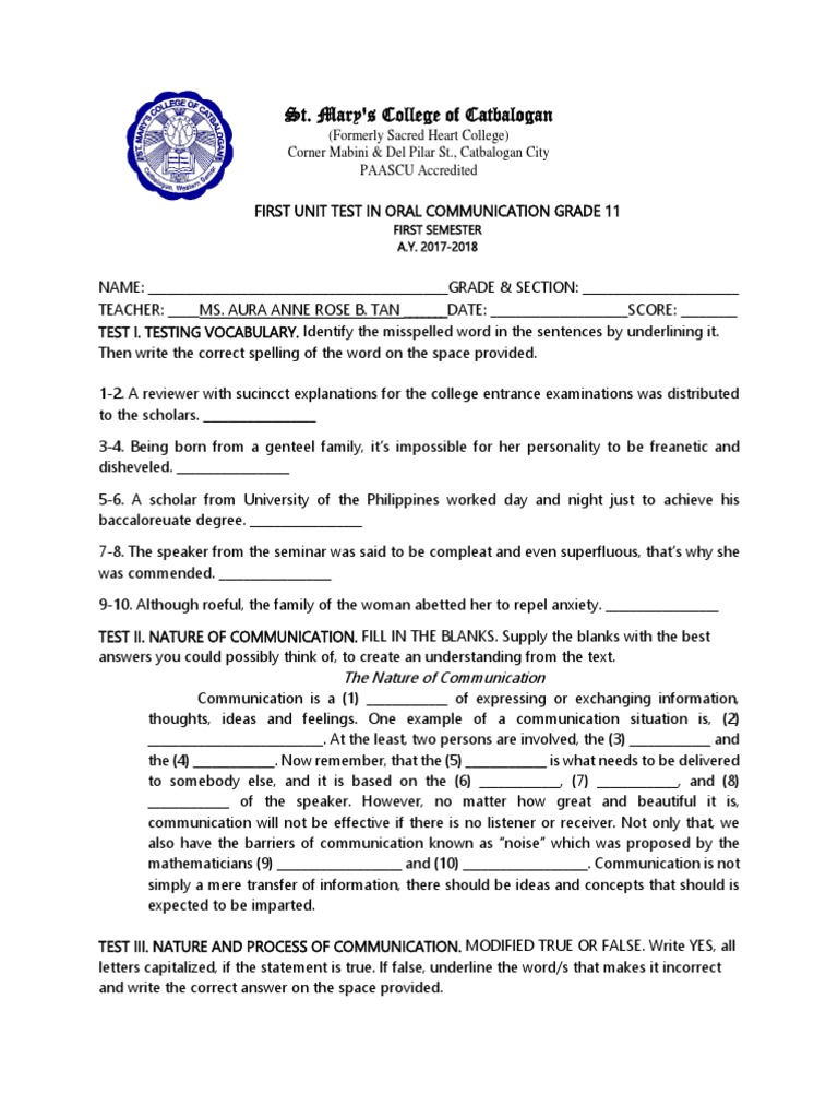 Oral Communication-Unit Test | PDF | Communication | Epistemology