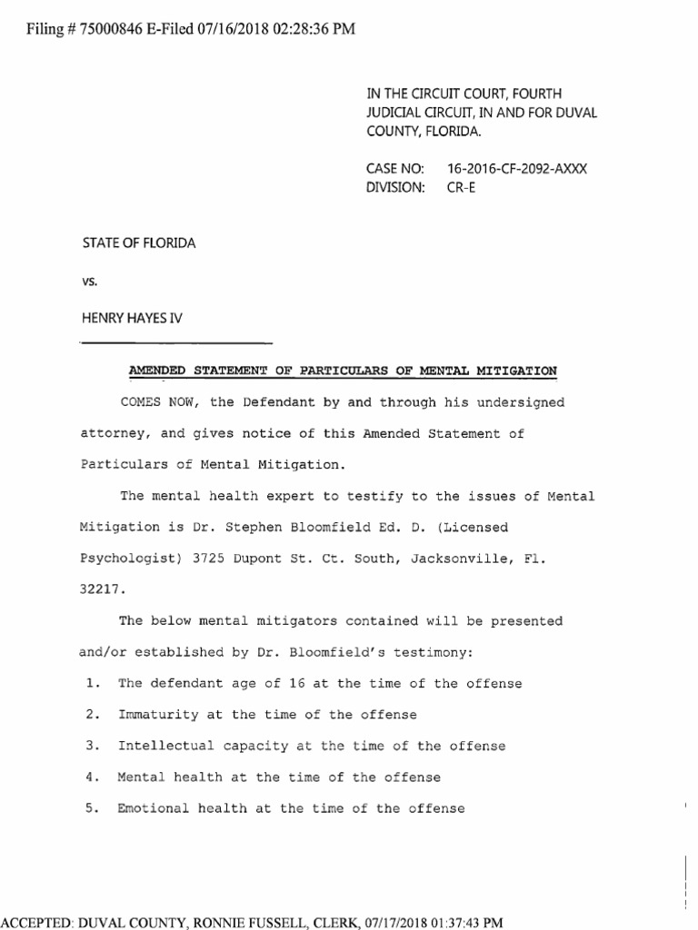 (16-Cf-2092) Amended Statement of Particulars of Mental Mitigation | PDF