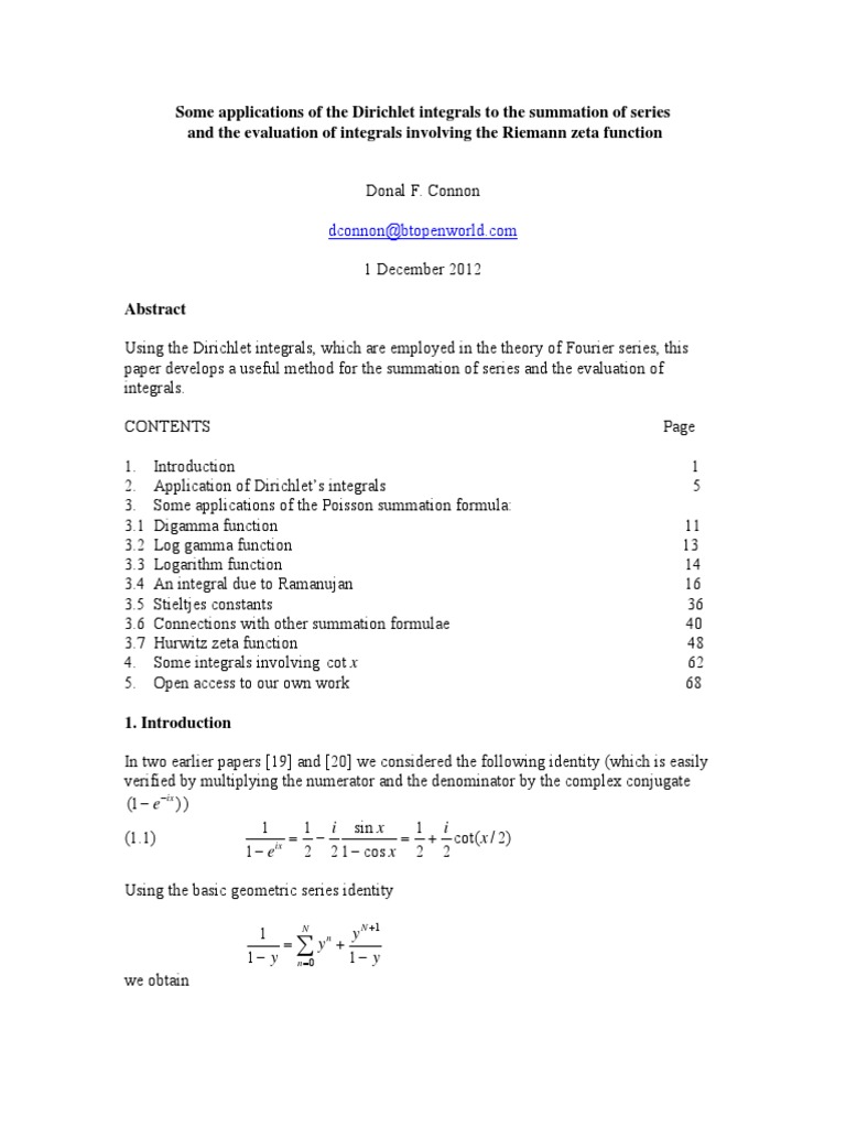 Some Applications of The Dirichlet Integrals To The Summation of Series and The Evaluation of ...