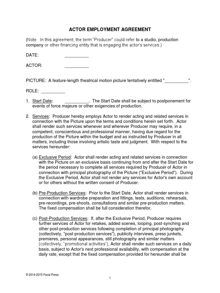 Actor Employment Agreement: © 2014-2015 Focal Press 1 | PDF ...