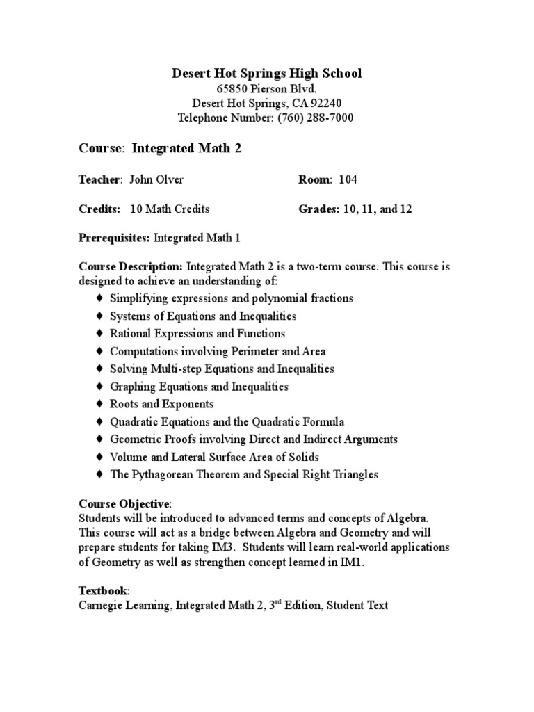 Syllabus Integrated Math 2 | Download Free PDF | Equations | Quadratic ...