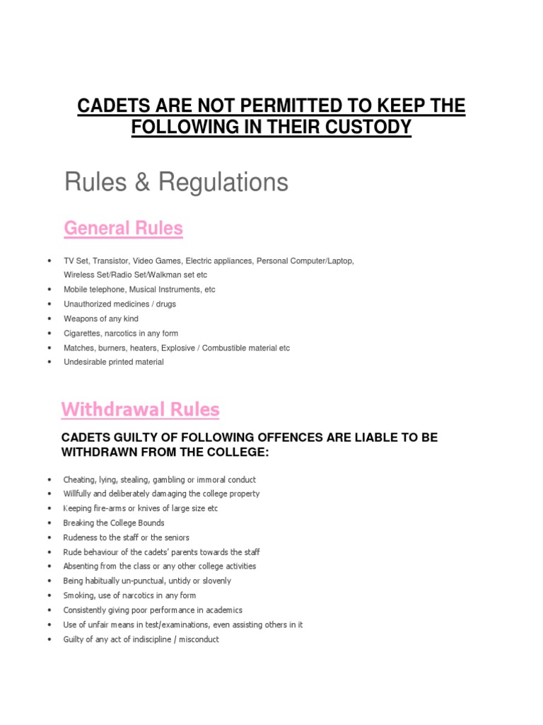 Rules & Regulations: Cadets Are Not Permitted To Keep The Following in ...
