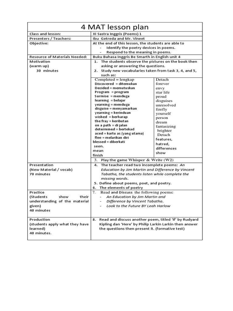 4MAT Lesson Plan | PDF | Clause | Lesson Plan
